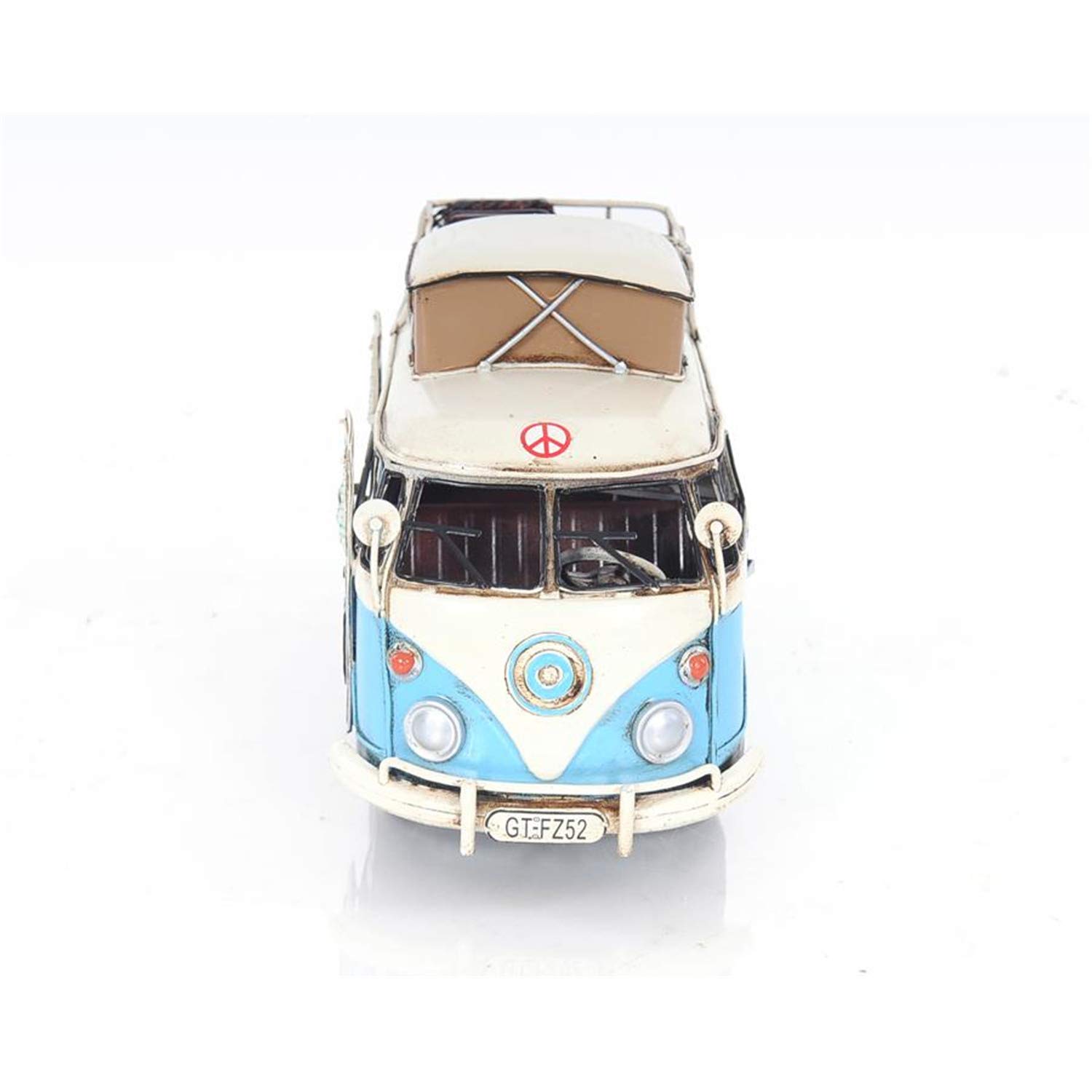 Old Modern Handicrafts Camp Bus Model with Rolling Wheels - 100% Handmade from Iron & Hand-Painted with Classic Blue & White Colors - 11.5L x 5.5W x 6H Inches