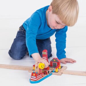 Bigjigs Rail, Fire and Sea Rescue, Wooden Toys, Bigjigs Train Accessories, Rescue Vehicles Toys, Train Toys, Wooden Crane for Train Set, Wooden Toys for 3 4 5 Year Olds