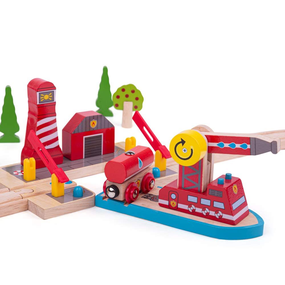 Bigjigs Rail, Fire and Sea Rescue, Wooden Toys, Bigjigs Train Accessories, Rescue Vehicles Toys, Train Toys, Wooden Crane for Train Set, Wooden Toys for 3 4 5 Year Olds