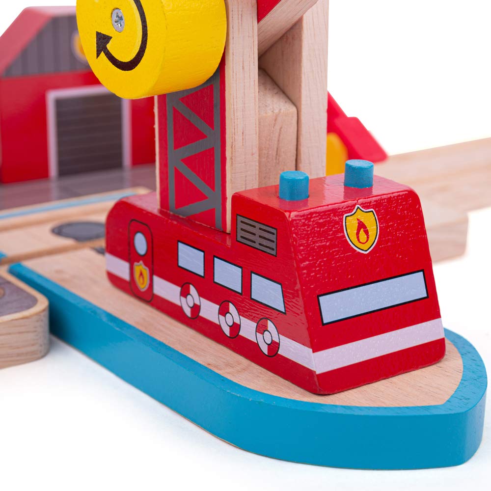 Bigjigs Rail, Fire and Sea Rescue, Wooden Toys, Bigjigs Train Accessories, Rescue Vehicles Toys, Train Toys, Wooden Crane for Train Set, Wooden Toys for 3 4 5 Year Olds