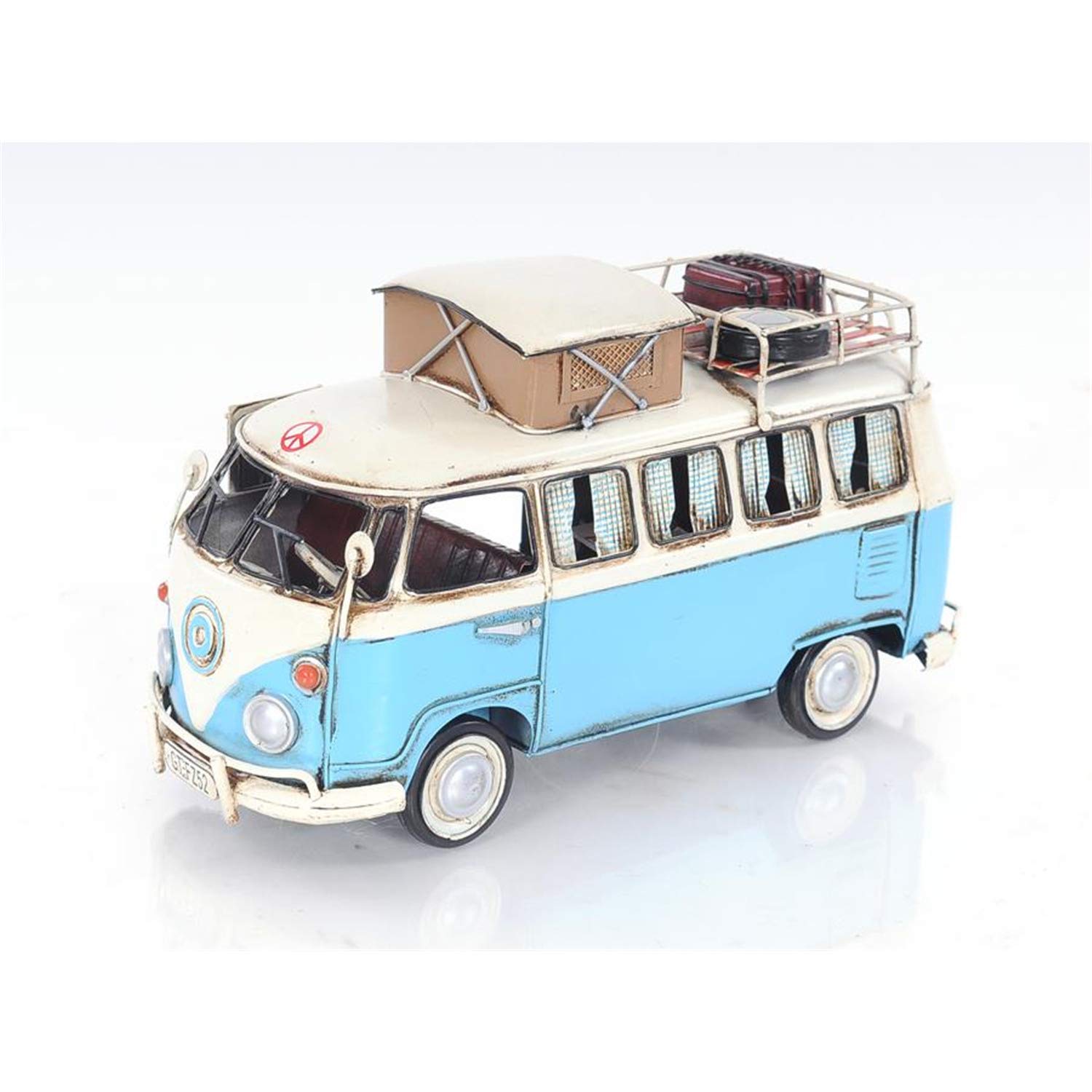 Old Modern Handicrafts Camp Bus Model with Rolling Wheels - 100% Handmade from Iron & Hand-Painted with Classic Blue & White Colors - 11.5L x 5.5W x 6H Inches