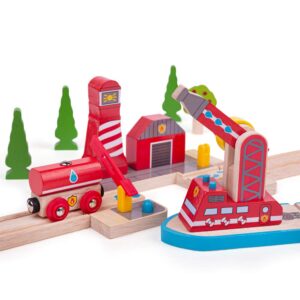 bigjigs rail, fire and sea rescue, wooden toys, bigjigs train accessories, rescue vehicles toys, train toys, wooden crane for train set, wooden toys for 3 4 5 year olds