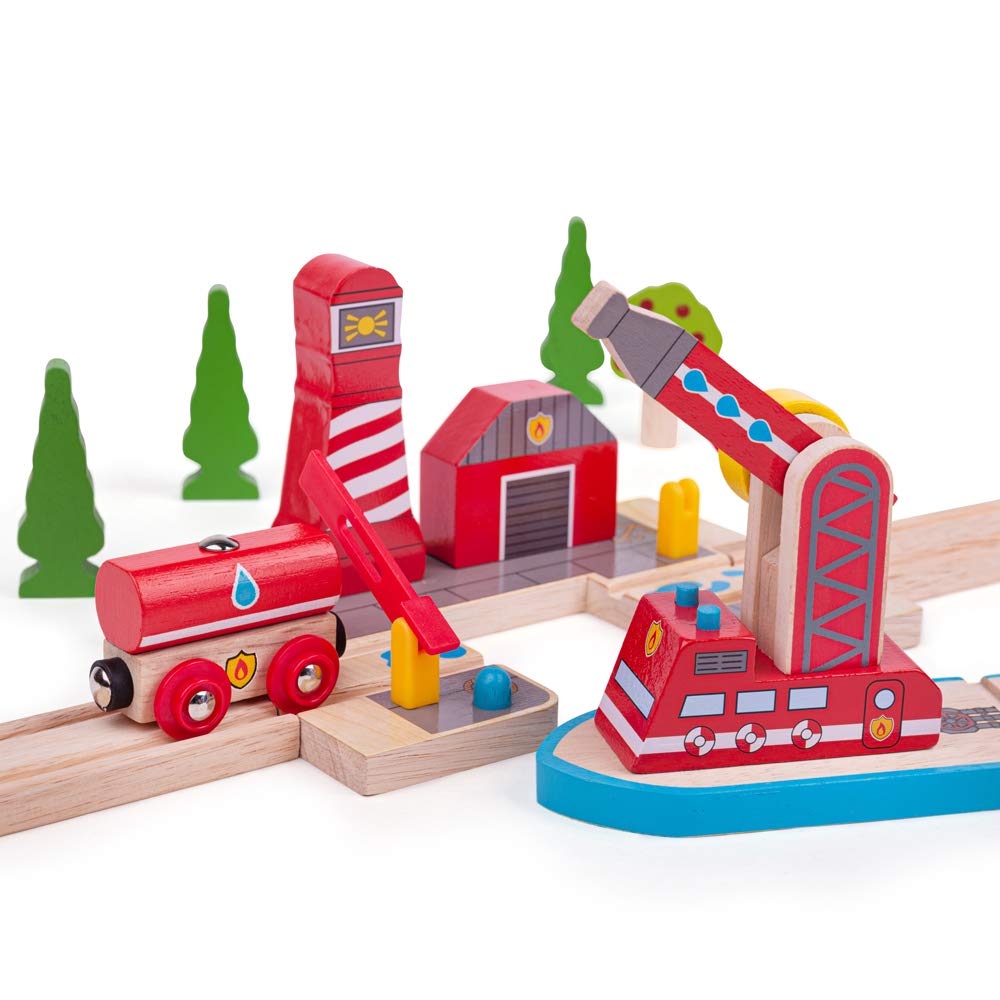 Bigjigs Rail, Fire and Sea Rescue, Wooden Toys, Bigjigs Train Accessories, Rescue Vehicles Toys, Train Toys, Wooden Crane for Train Set, Wooden Toys for 3 4 5 Year Olds