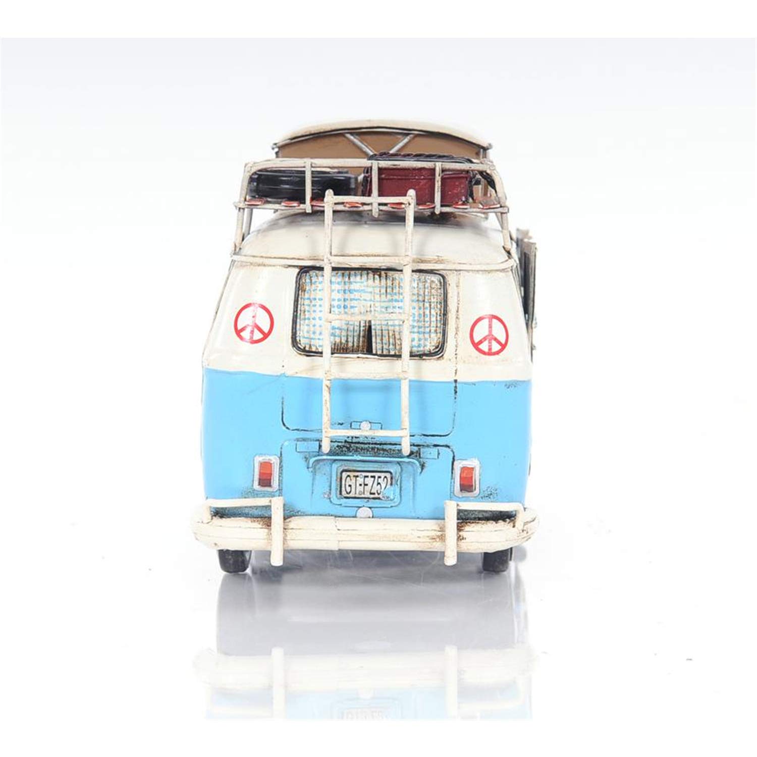 Old Modern Handicrafts Camp Bus Model with Rolling Wheels - 100% Handmade from Iron & Hand-Painted with Classic Blue & White Colors - 11.5L x 5.5W x 6H Inches