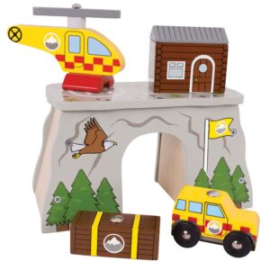 bigjigs rail mountain rescue playset with helicopter, car, log cabin & crate