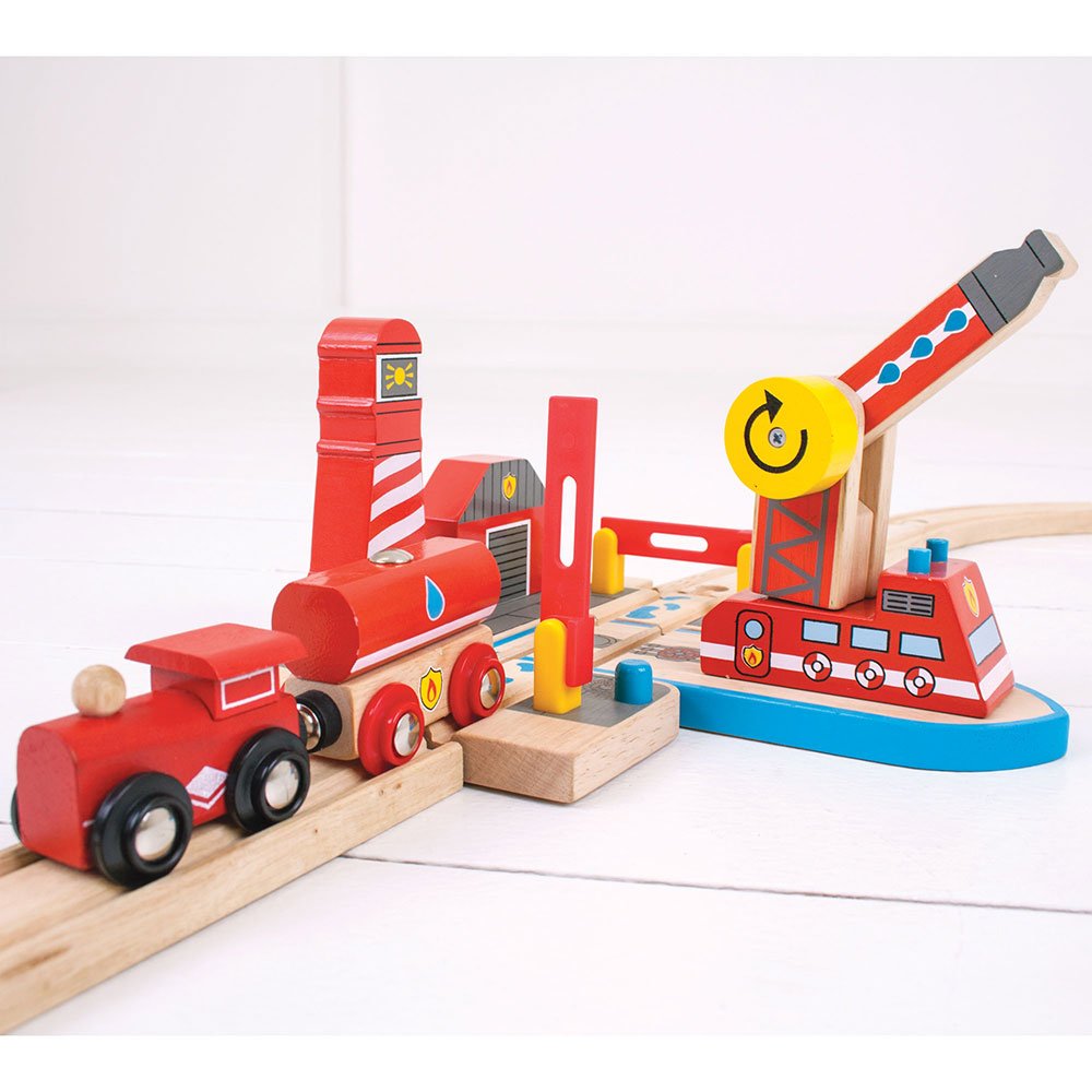 Bigjigs Rail, Fire and Sea Rescue, Wooden Toys, Bigjigs Train Accessories, Rescue Vehicles Toys, Train Toys, Wooden Crane for Train Set, Wooden Toys for 3 4 5 Year Olds