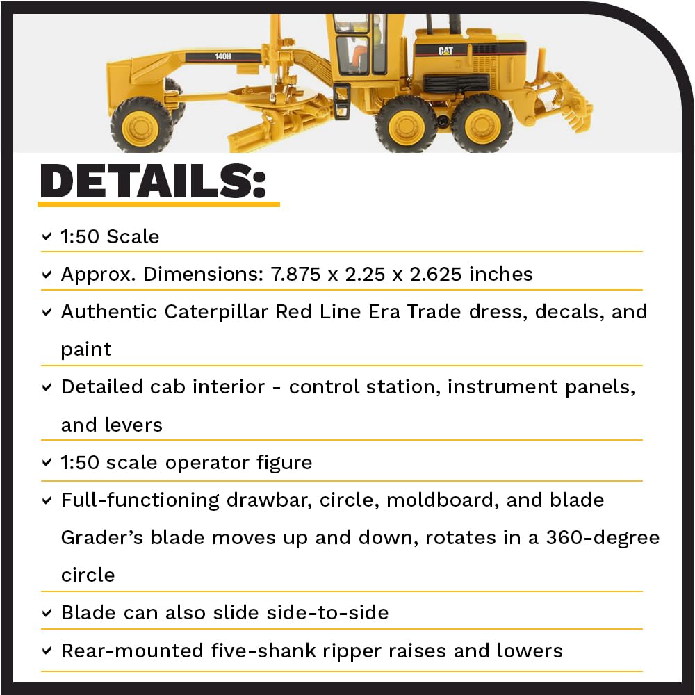 Diecast Masters Caterpillar 140H Motor Grader, Core Classics Series Cat Trucks & Construction Equipment | 1:50 Scale Model Diecast Collectible Model 85030C