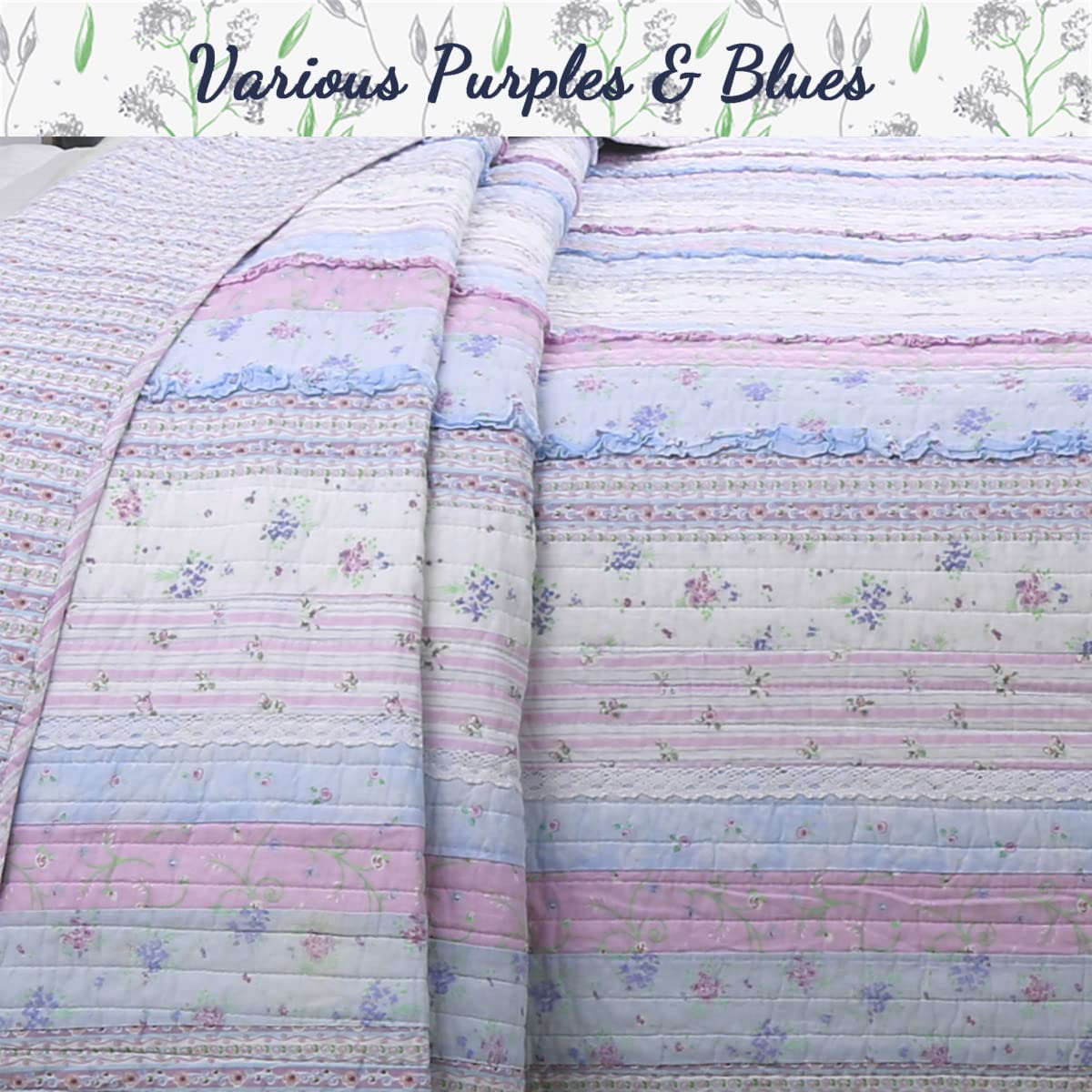 Cozy Line Home Fashions Raelynn Romantic Lace Orchid Light Purple Blue Flower Print Stripe Cotton 3D Bedding Quilt Set, Reversible Coverlet, Bedspread for Girls Women (Lavender,Twin - 2 Piece)