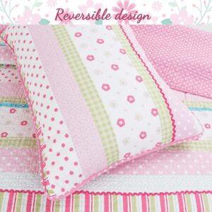 Cozy Line Home Fashions Pink Polka Dot Flower Girl 100% Cotton Reversible Quilt Bedding Set, Coverlet, Bedspread (Greta Pastel, Twin - 2 Piece: 1 Quilt + 1 Sham)