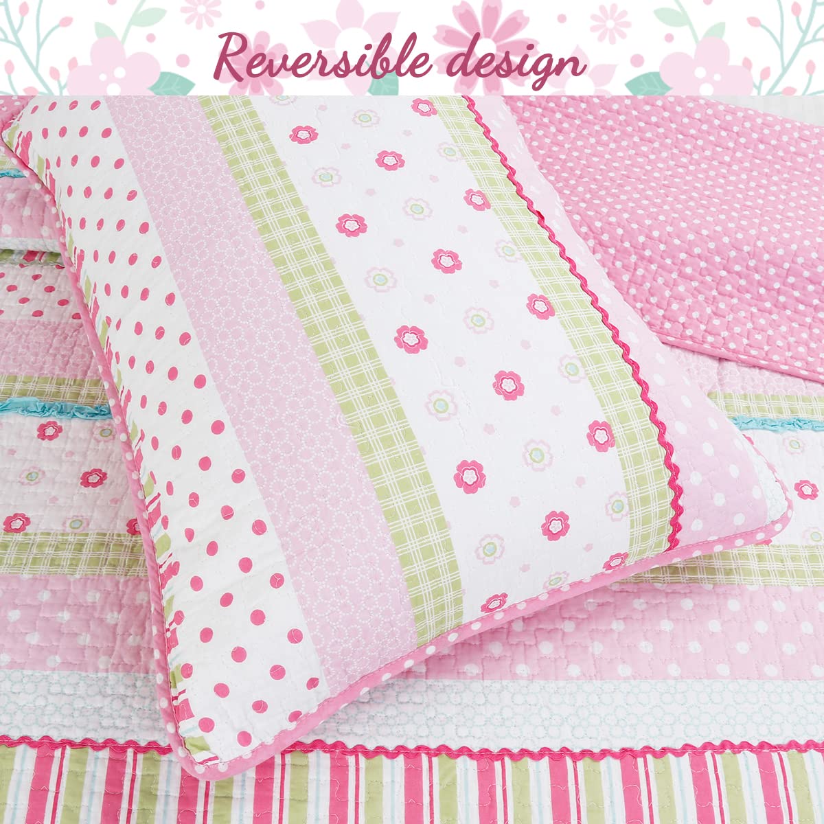 Cozy Line Home Fashions Pink Polka Dot Flower Girl 100% Cotton Reversible Quilt Bedding Set, Coverlet, Bedspread (Greta Pastel, Twin - 2 Piece: 1 Quilt + 1 Sham)