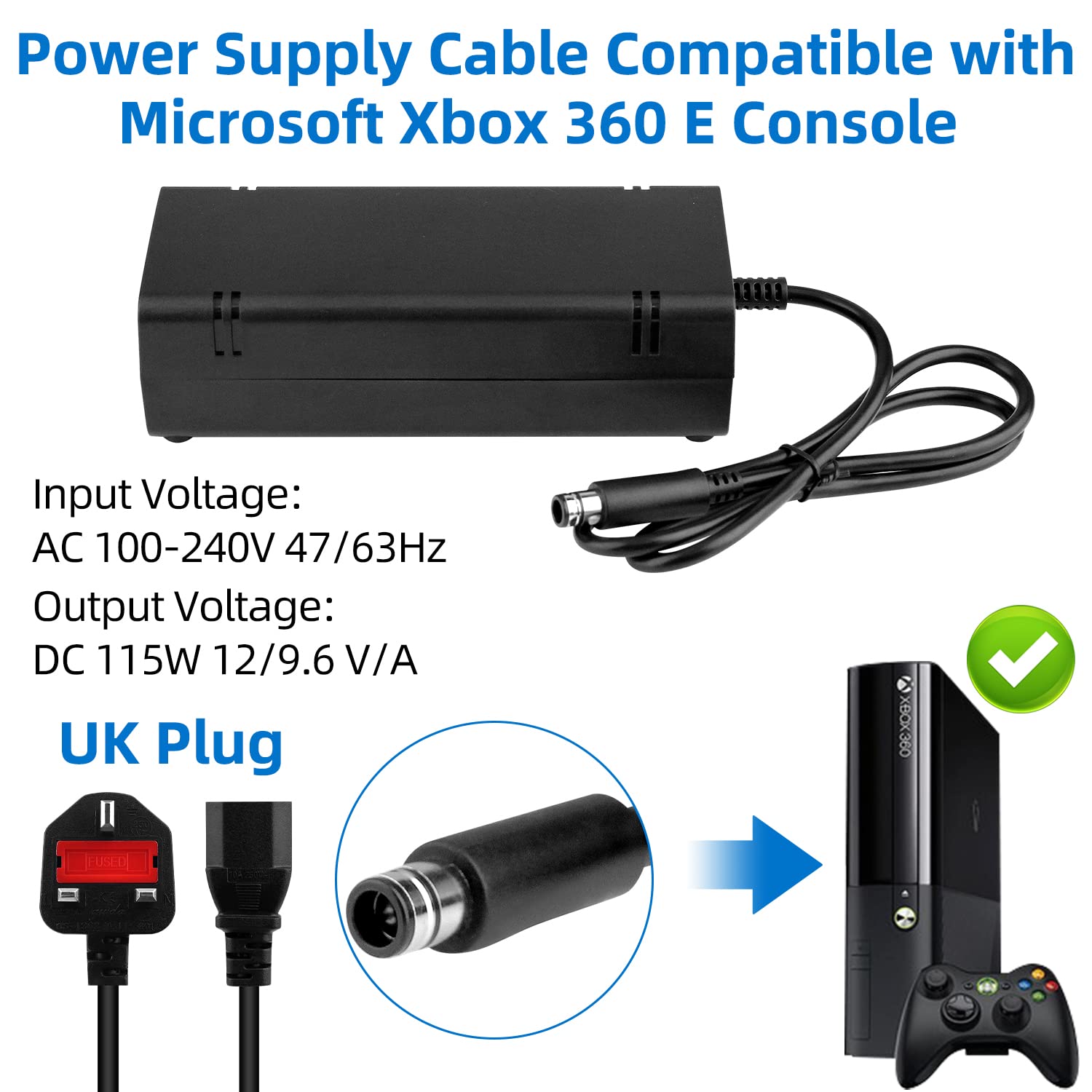 OSTENT UK AC Adapter Charger Power Supply Cable Cord for Microsoft Xbox 360 E Console