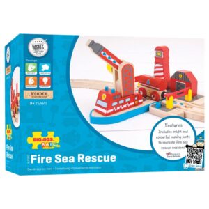 Bigjigs Rail, Fire and Sea Rescue, Wooden Toys, Bigjigs Train Accessories, Rescue Vehicles Toys, Train Toys, Wooden Crane for Train Set, Wooden Toys for 3 4 5 Year Olds