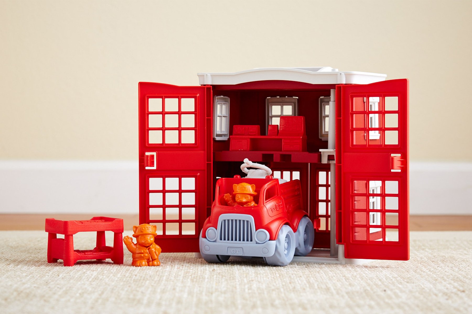 Green Toys Fire Station Playset - 8 Piece Pretend Play, Motor Skills, Language & Communication Kids Role Play Toy. No BPA, phthalates, PVC. Dishwasher Safe, Recycled Plastic, Made in USA.