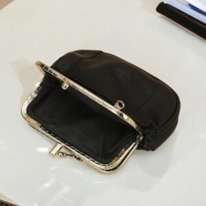 Women's Leather Metal Frame Double Clasp Zipper Coin Purse 5 1/4" x 3 1/4" (Black)