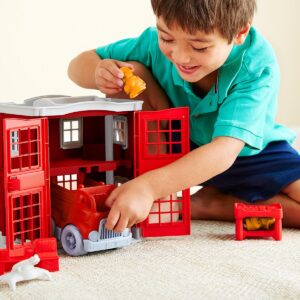 Green Toys Fire Station Playset - 8 Piece Pretend Play, Motor Skills, Language & Communication Kids Role Play Toy. No BPA, phthalates, PVC. Dishwasher Safe, Recycled Plastic, Made in USA.