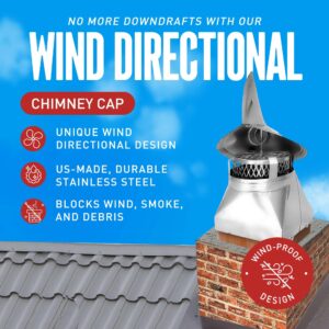 CHIMCARE Wind Directional Chimney Cap, 9" x 9” High-Grade Stainless Steel Cap for Single Flue Tile, Downdraft Prevention, USA Made