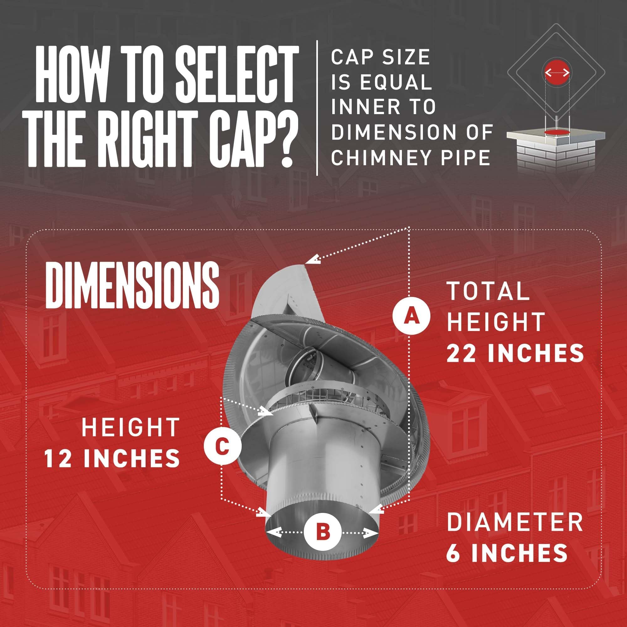 Chimcare Chimney Cap - Wind Directional Chimney Cap, Wind-Driven Chimney Cover, Round Stainless Steel Chimney Cap, for Non-Air Cooled Chimneys, Easy to Install, USA-Made, 6 inches Round 6” Round 6” Round 6”