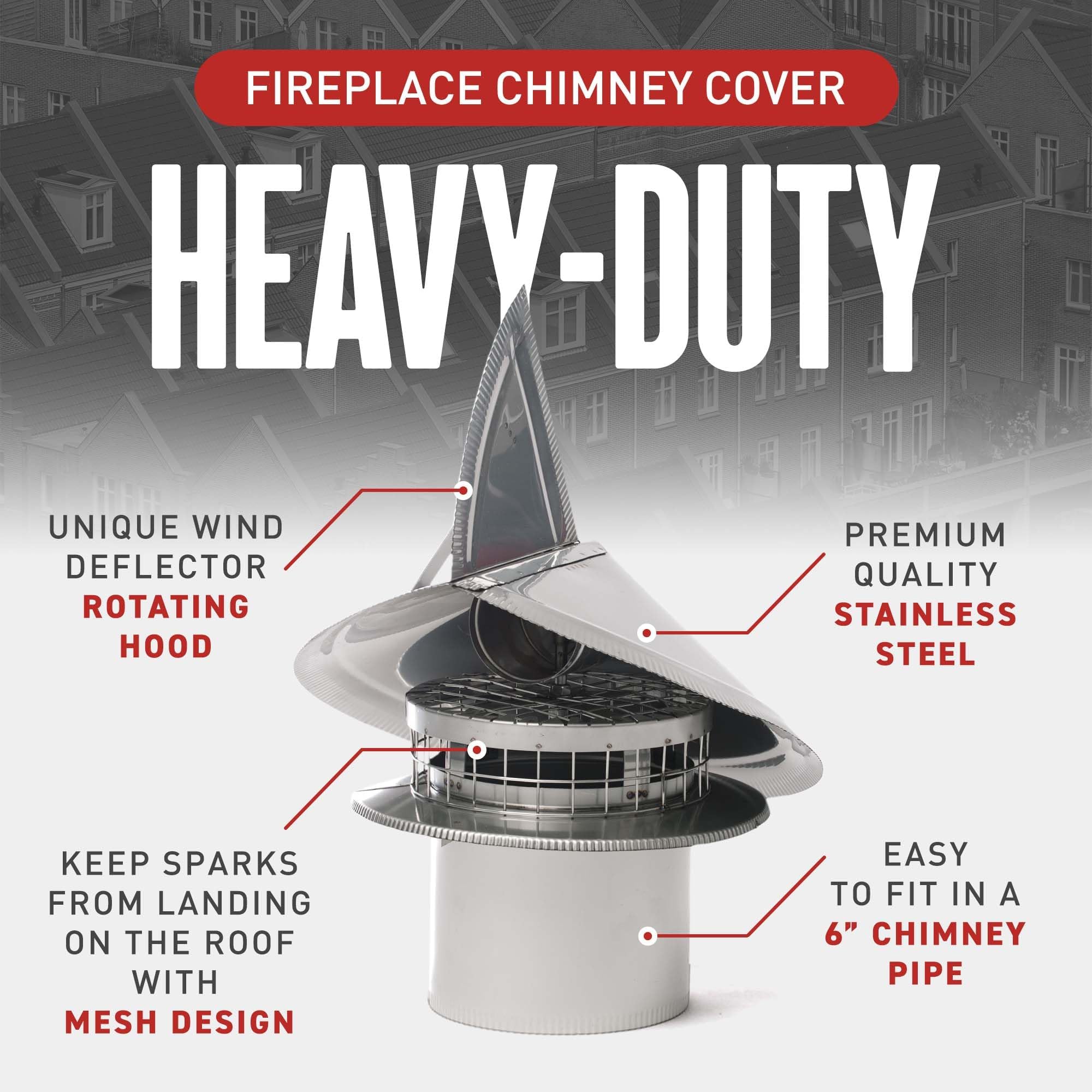 Chimcare Chimney Cap - Wind Directional Chimney Cap, Wind-Driven Chimney Cover, Round Stainless Steel Chimney Cap, for Non-Air Cooled Chimneys, Easy to Install, USA-Made, 6 inches Round 6” Round 6” Round 6”