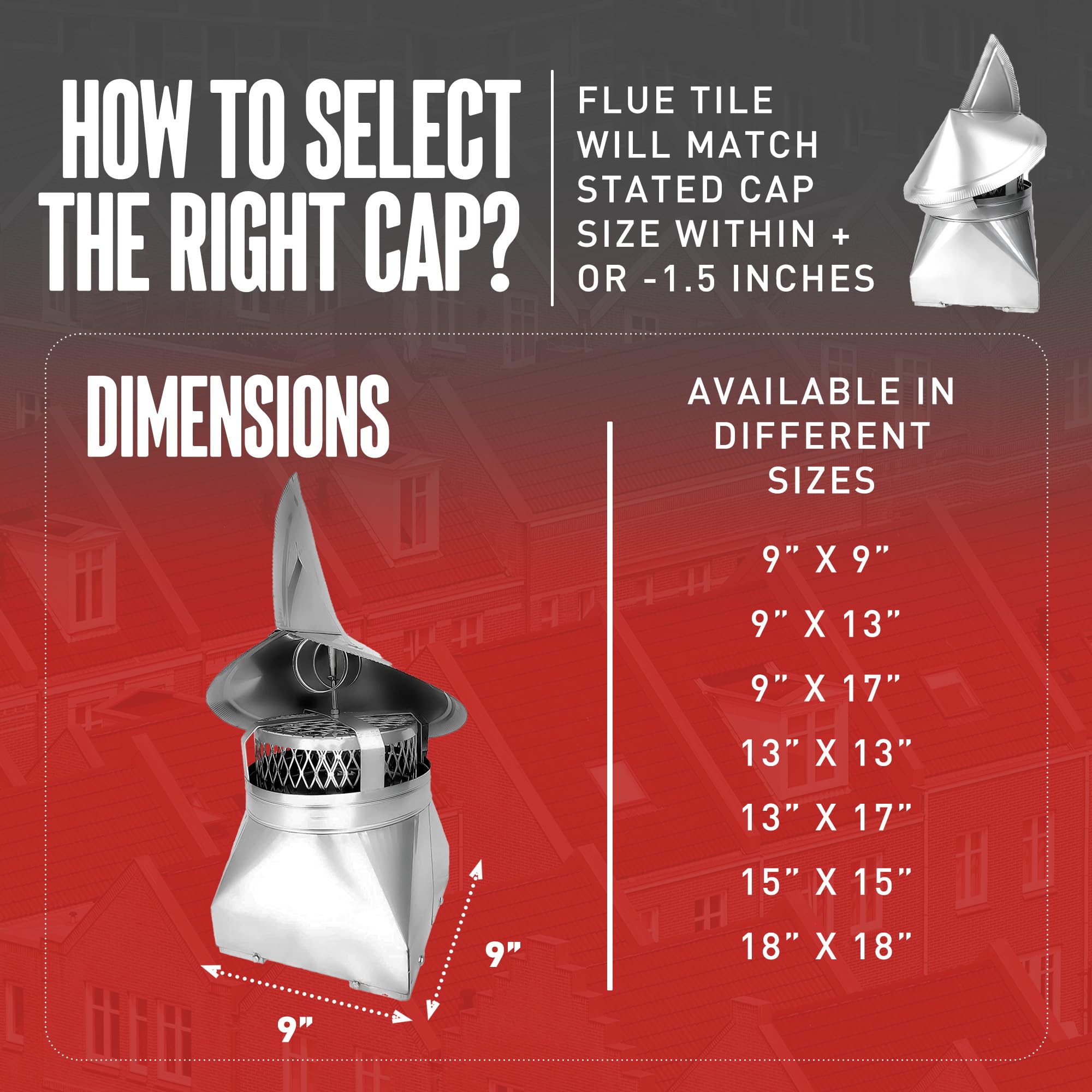 CHIMCARE Wind Directional Chimney Cap, 9" x 9” High-Grade Stainless Steel Cap for Single Flue Tile, Downdraft Prevention, USA Made