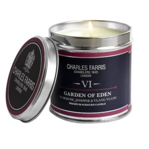 charles farris garden of eden luxury scented signature tin candle - tuberose, jasmine & ylang ylang - hand-poured in england - 40 hours+ burn time