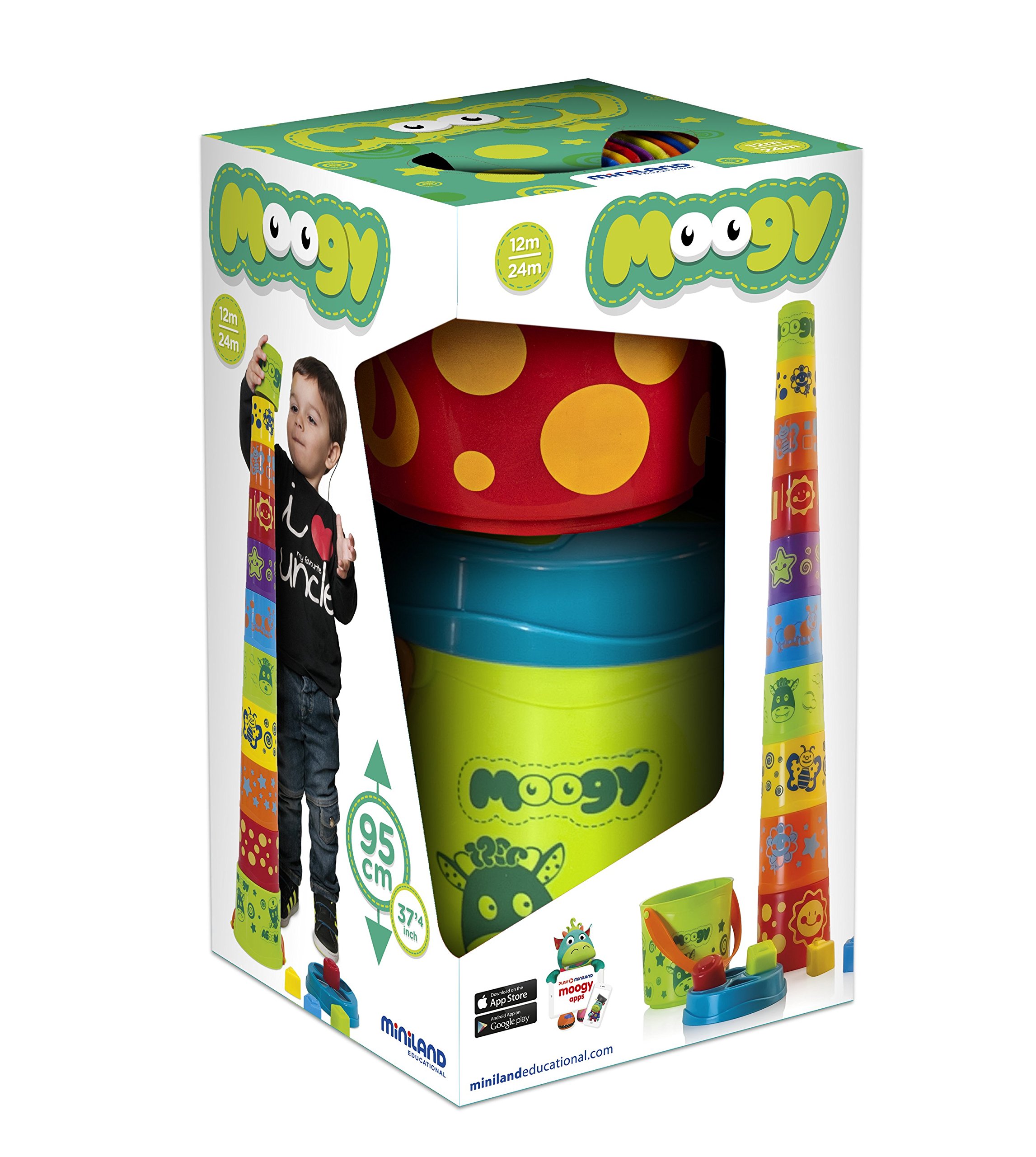 Miniland Educational - Giantte Déco Moogy Stacking Buckets Set - Plastic Stackable Nesting Cups for Kids, Fun Toddler Playtime Activity to Promote Motor Skills and Coordination