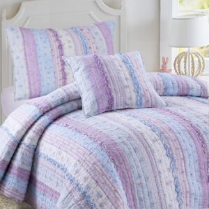 cozy line home fashions raelynn romantic lace orchid light purple blue flower print stripe cotton 3d bedding quilt set, reversible coverlet, bedspread for girls women (lavender,twin - 2 piece)