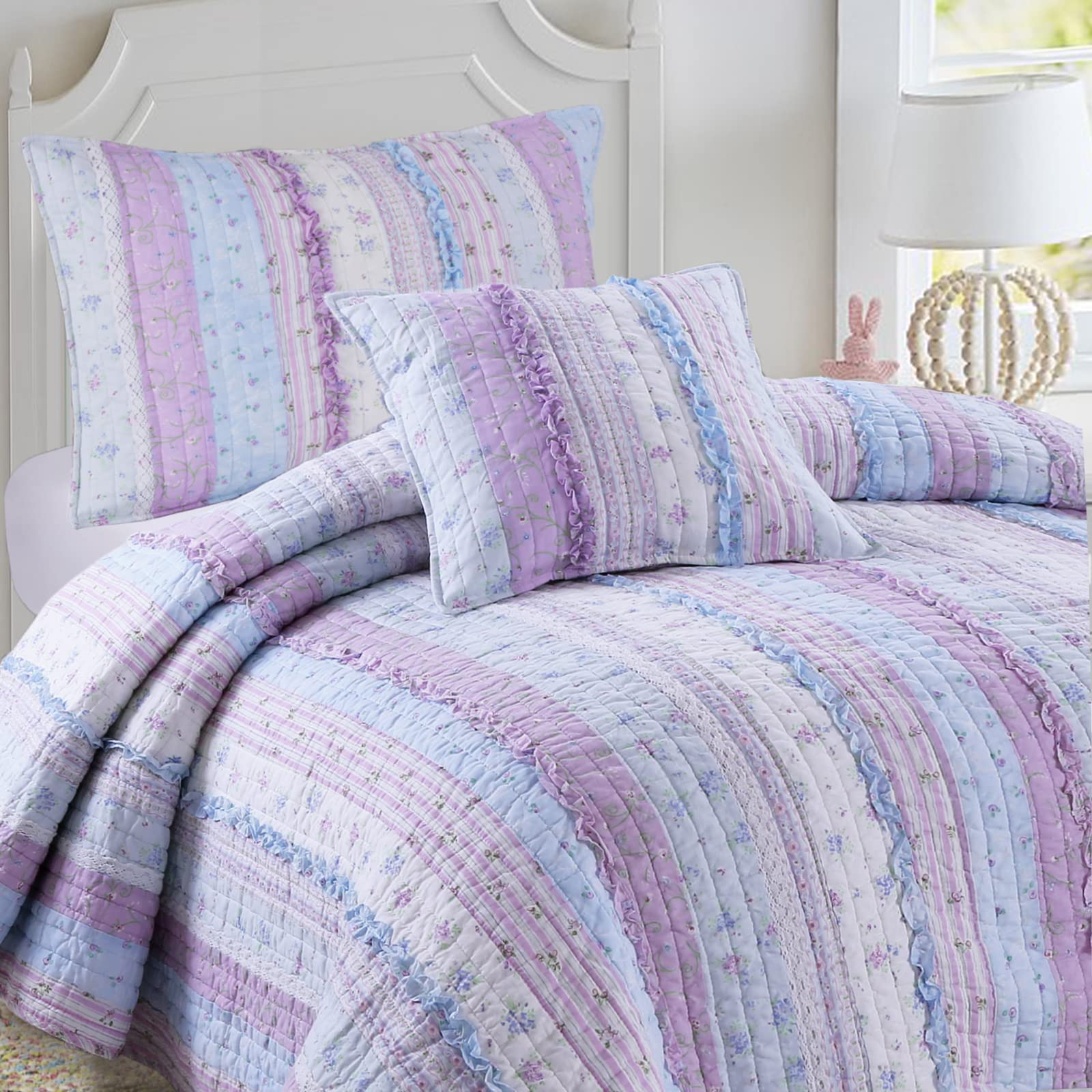 Cozy Line Home Fashions Raelynn Romantic Lace Orchid Light Purple Blue Flower Print Stripe Cotton 3D Bedding Quilt Set, Reversible Coverlet, Bedspread for Girls Women (Lavender,Twin - 2 Piece)