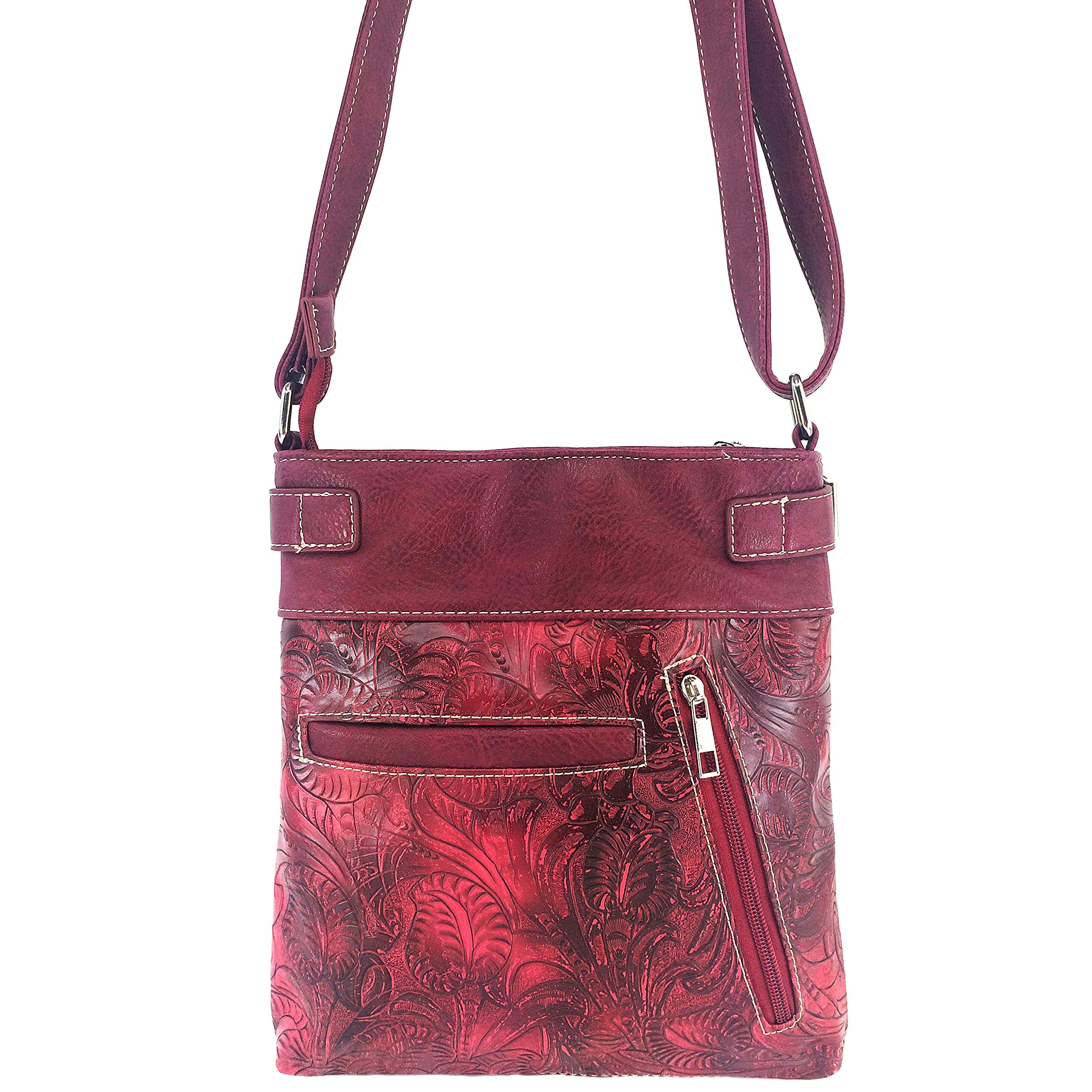 Justin West Western Laser Cut Embroidery Flower Rhinestone Silver Cross Messenger Handbag with CrossBody Strap (Red)