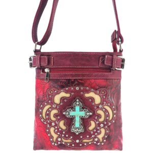 Justin West Western Laser Cut Embroidery Flower Rhinestone Silver Cross Messenger Handbag with CrossBody Strap (Red)