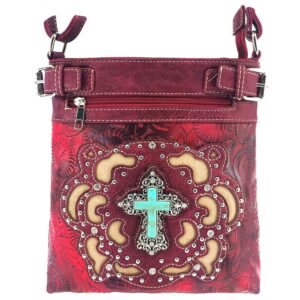 justin west western laser cut embroidery flower rhinestone silver cross messenger handbag with crossbody strap (red)