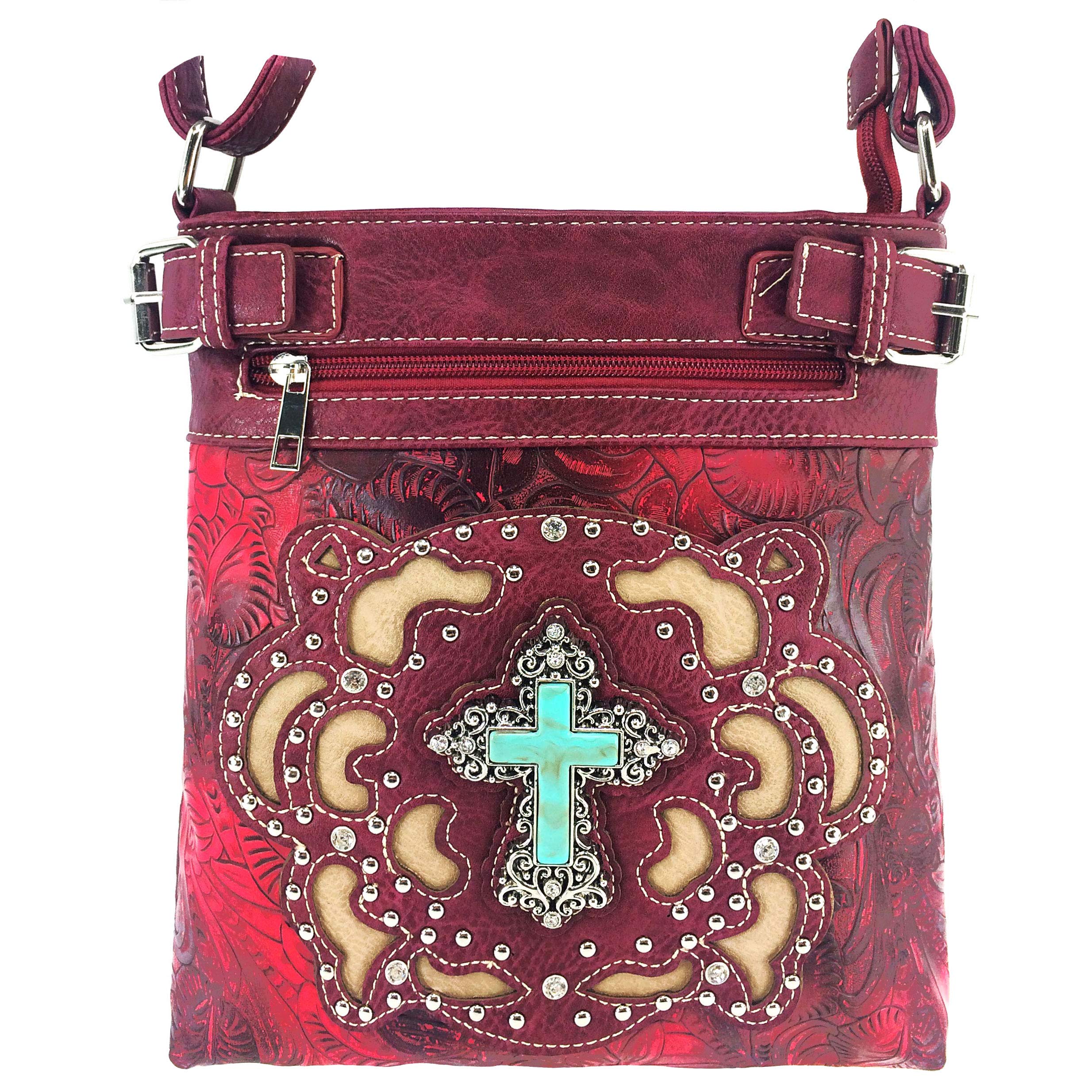 Justin West Western Laser Cut Embroidery Flower Rhinestone Silver Cross Messenger Handbag with CrossBody Strap (Red)