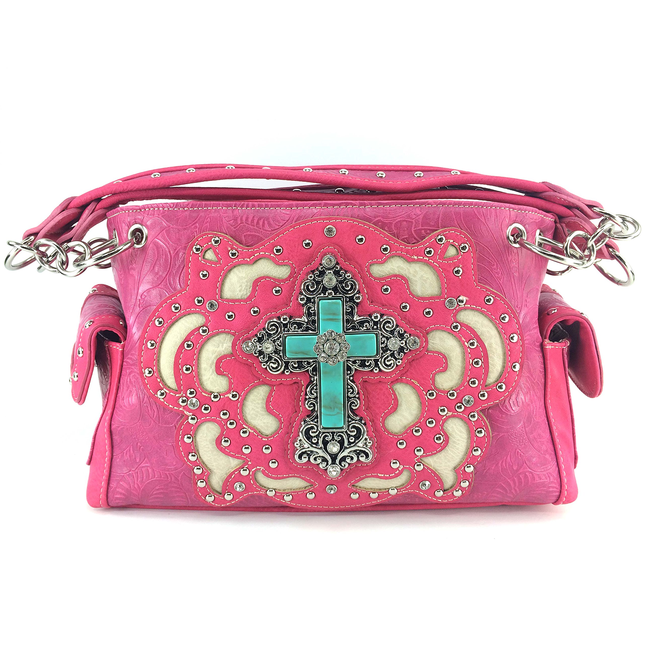 Justin West Tooled Turquoise Stone Cross Rhinestone Laser Cut Shoulder Chain Concealed Carry Handbag Purse Wallet Messenger (Hot Pink Handbag and Wallet)