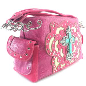 Justin West Tooled Turquoise Stone Cross Rhinestone Laser Cut Shoulder Chain Concealed Carry Handbag Purse Wallet Messenger (Hot Pink Handbag and Wallet)