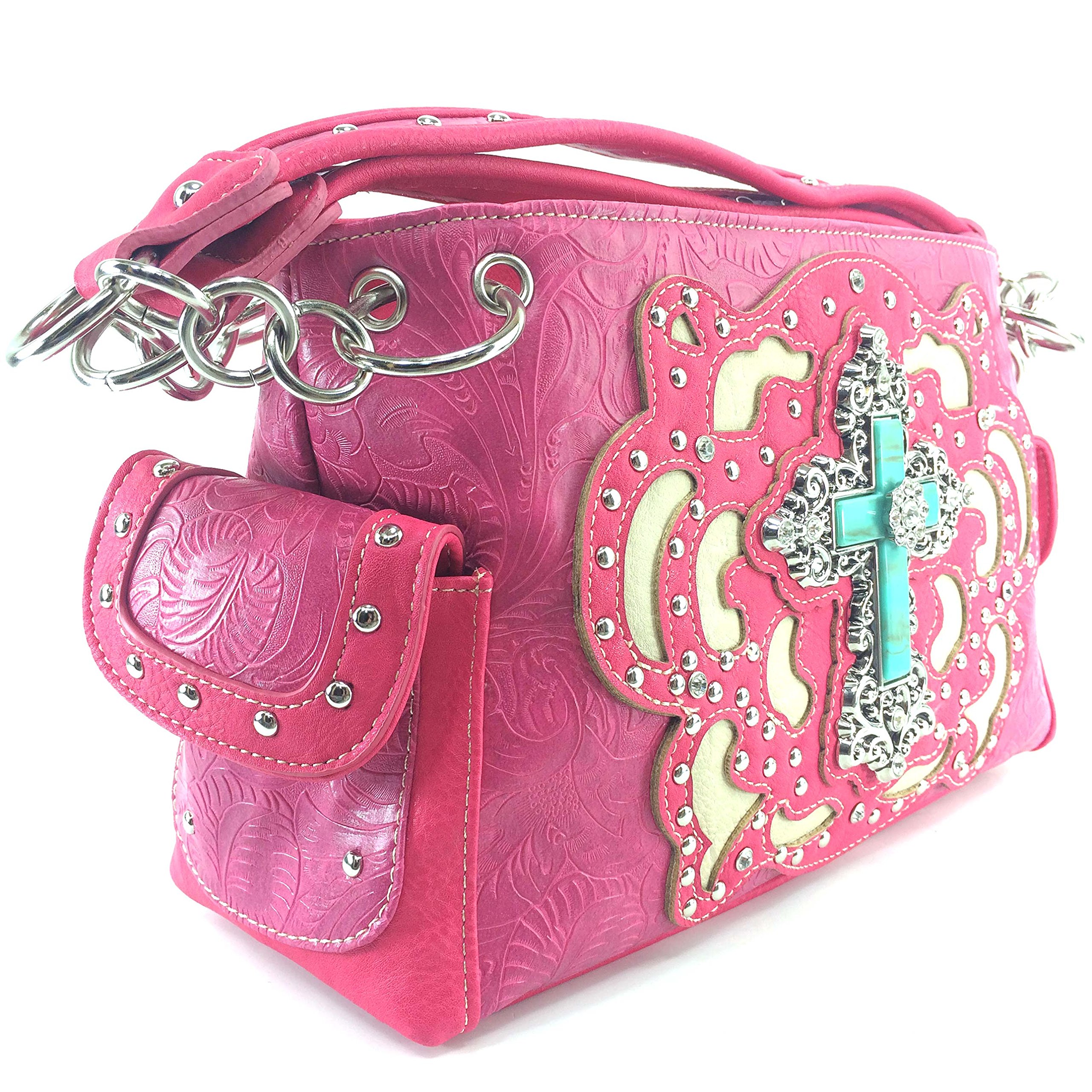 Justin West Tooled Turquoise Stone Cross Rhinestone Laser Cut Shoulder Chain Concealed Carry Handbag Purse Wallet Messenger (Hot Pink Handbag and Wallet)