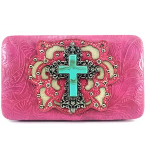 Justin West Tooled Turquoise Stone Cross Rhinestone Laser Cut Shoulder Chain Concealed Carry Handbag Purse Wallet Messenger (Hot Pink Handbag and Wallet)