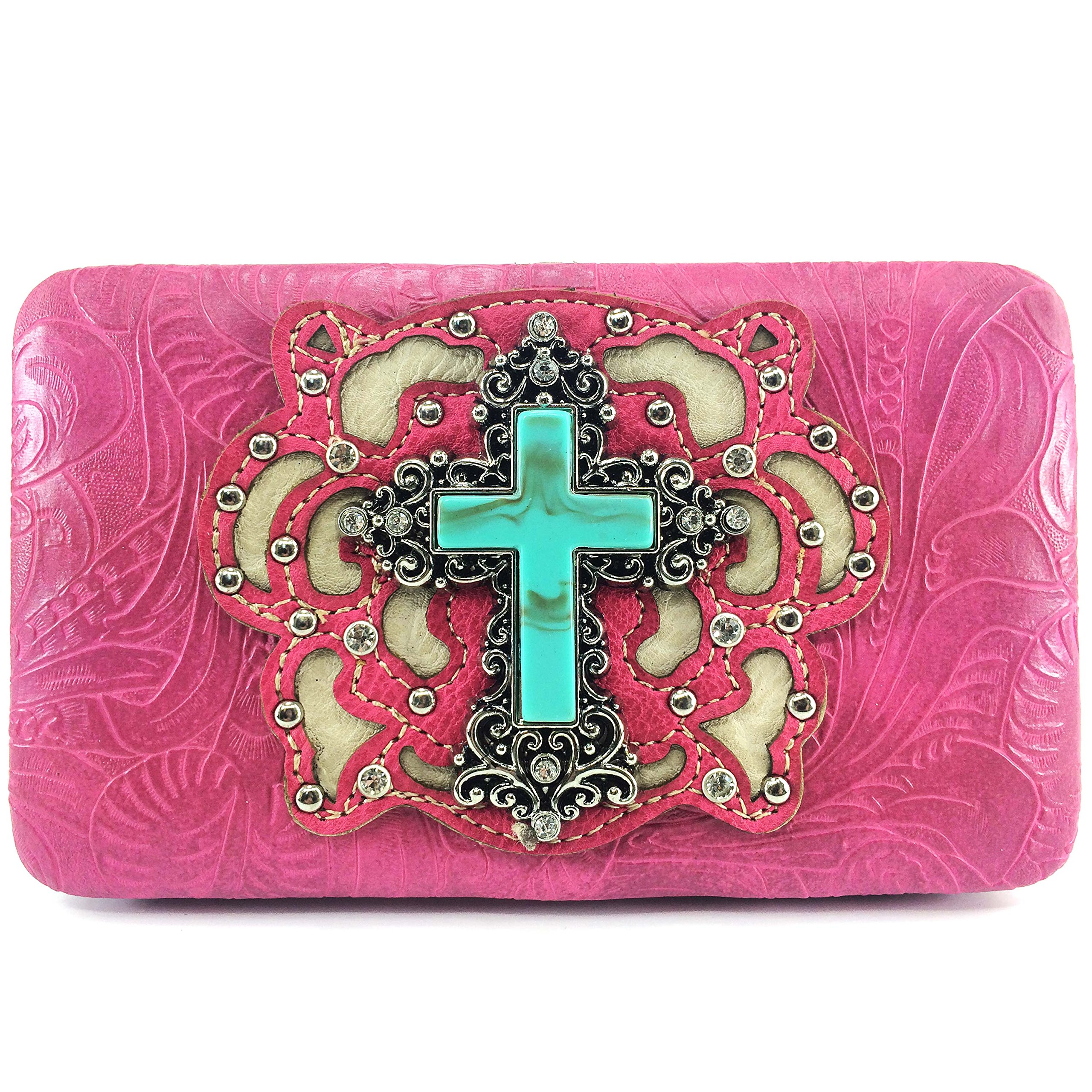 Justin West Tooled Turquoise Stone Cross Rhinestone Laser Cut Shoulder Chain Concealed Carry Handbag Purse Wallet Messenger (Hot Pink Handbag and Wallet)