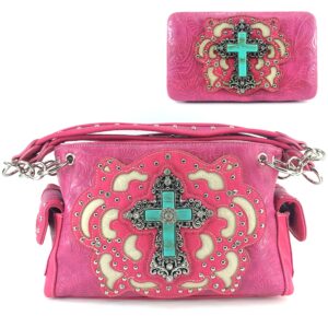 justin west tooled turquoise stone cross rhinestone laser cut shoulder chain concealed carry handbag purse wallet messenger (hot pink handbag and wallet)