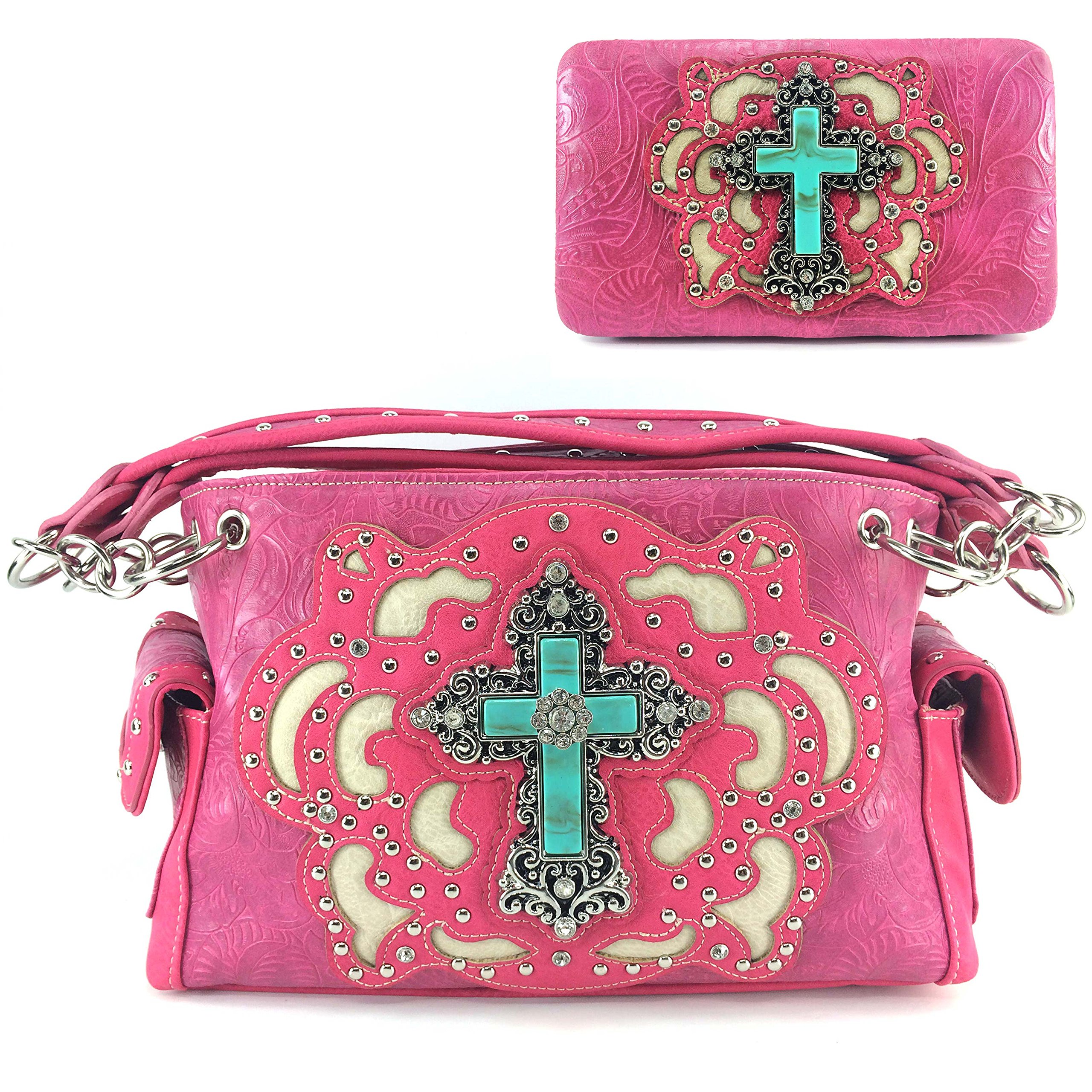 Justin West Tooled Turquoise Stone Cross Rhinestone Laser Cut Shoulder Chain Concealed Carry Handbag Purse Wallet Messenger (Hot Pink Handbag and Wallet)