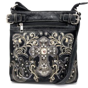 justin west western gleaming embroidery flower rhinestone silver cross tooled messenger handbag with crossbody strap (black)