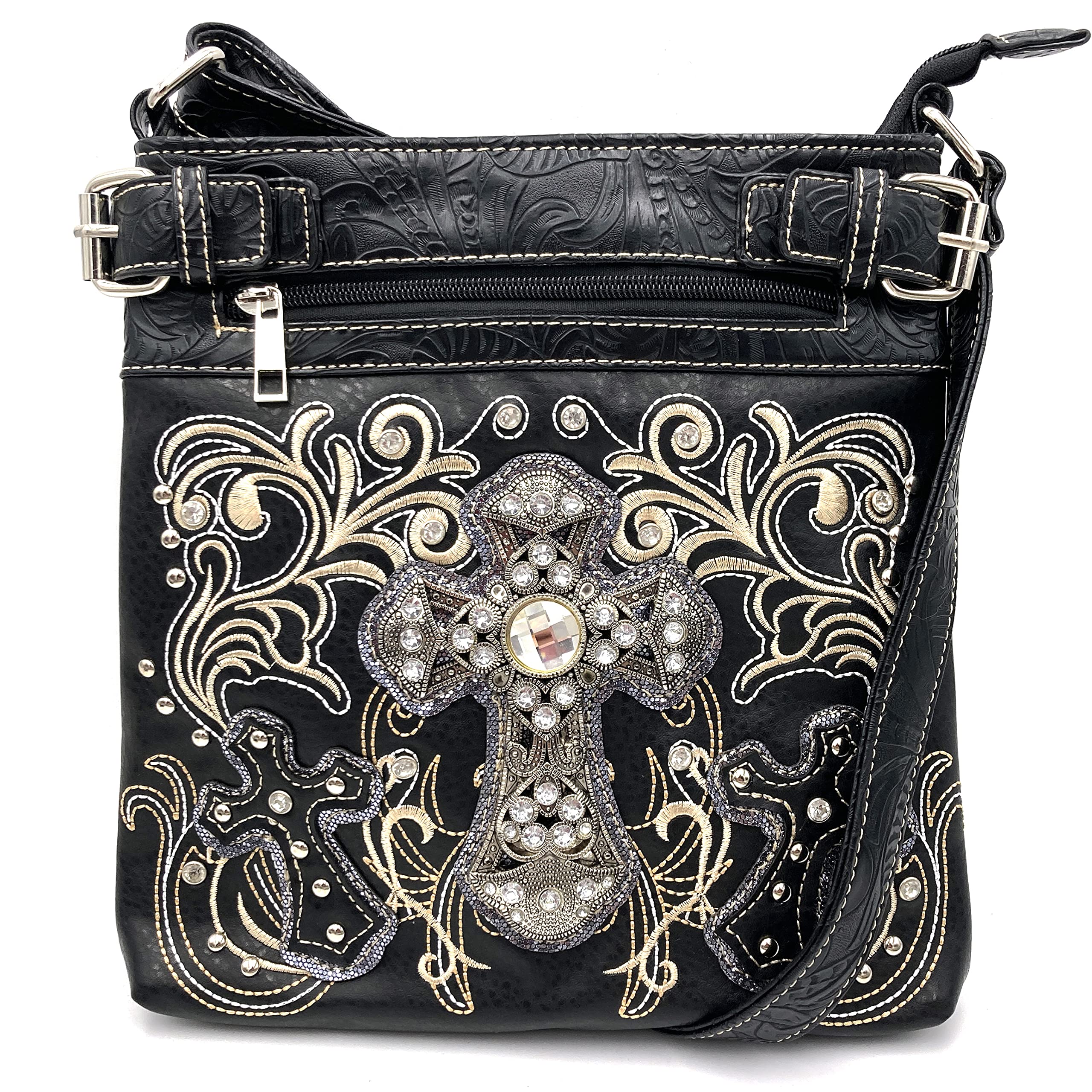 Justin West Western Gleaming Embroidery Flower Rhinestone Silver Cross Tooled Messenger Handbag with CrossBody Strap (Black)