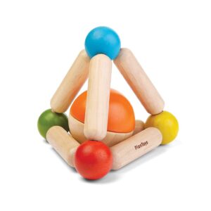 plantoys wooden clutching triangle baby toy with gentle sound in two-toned ball (5244) | sustainably made from rubberwood and non-toxic paints and dyes