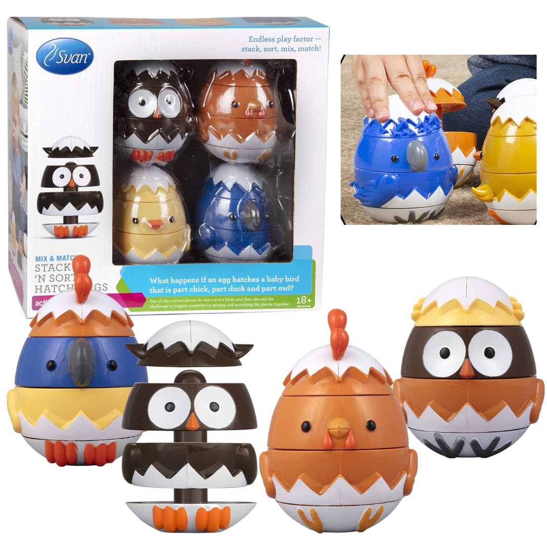 Svan Stacking & Sorting Egg Toys, Mix & Match Educational Hatching Farm Animal Eggs (Pack of 4) Owl, Duck Chicken Bluejay - Fun Creative & Imaginative, Kids Hands On Building Play, Xmas Gift