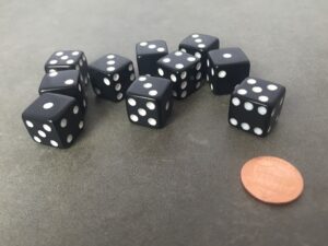 justmike's set of 10 six sided d6 16mm standard dice die - black with white pips