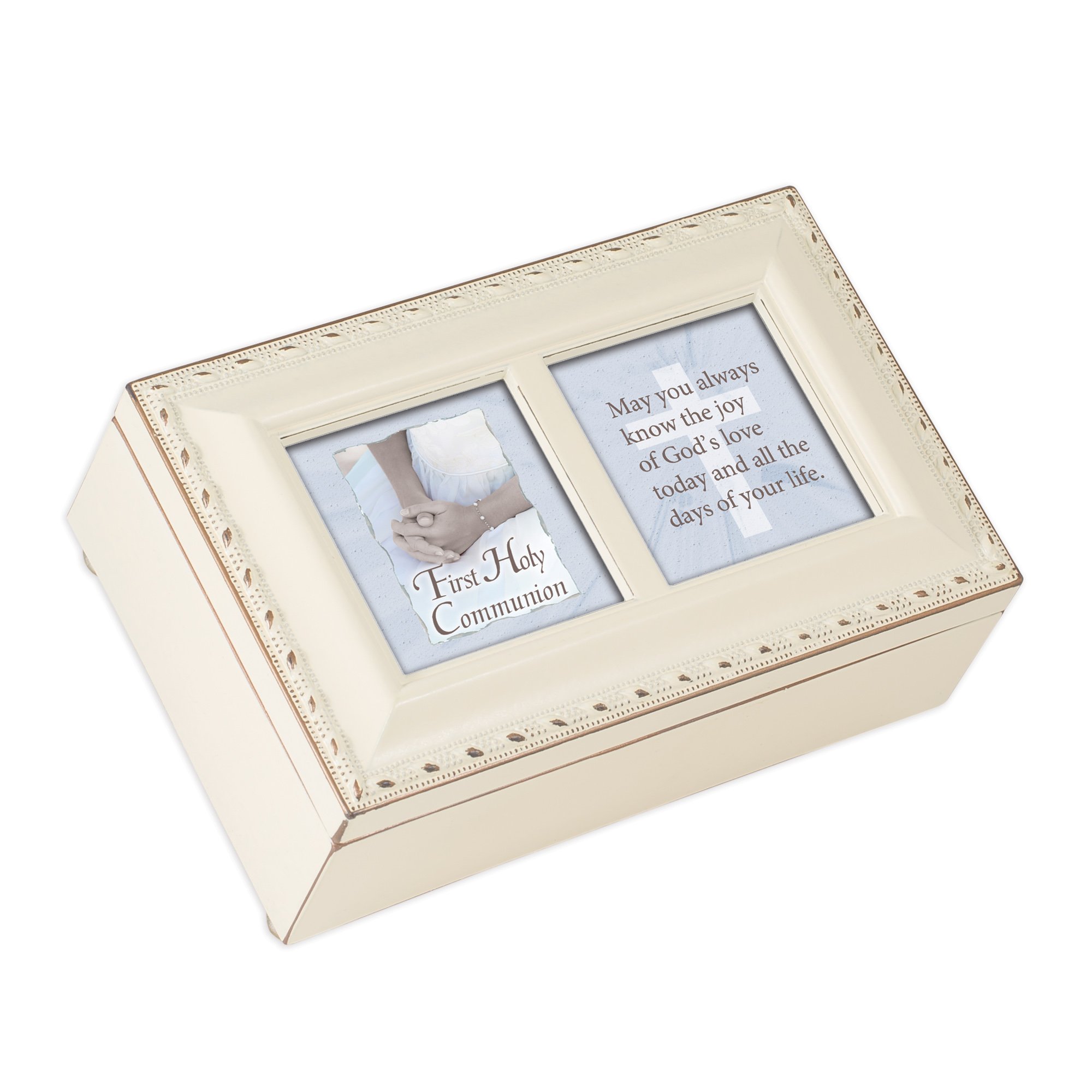 Cottage Garden First Communion Know The Joy Ivory Rope Trim Petite Jewelry Music Box Plays Jesus Loves Me