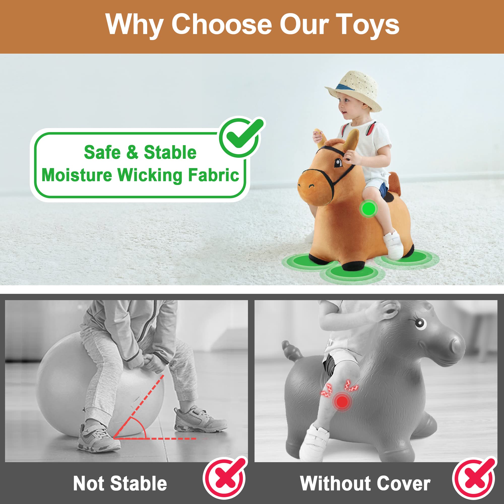 iPlay, iLearn Bouncy Pals Brown Hopping Horse, Toddler Plush Animal Hopper Toy, Kids Inflatable Ride on Bouncer W/Pump, Indoor Outdoor Jumper, Birthday Stocking Gift 18 24 Months 2 3 Year Old Boy Girl