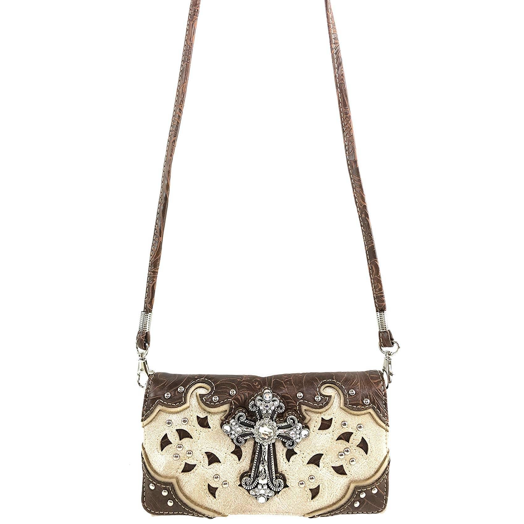 Justin West Laser Cut Rhinestone Cross Studded Cross Shape Design Wristlet Trifold Wallet Attachable Long Strap (Beige)