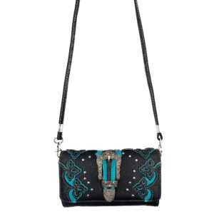 Justin West Western Studded Rhinestone Buckle Laser Cut Wristlet Trifold Wallet Attachable Long Strap (Black Turquoise)