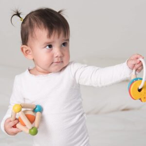 PlanToys Wooden Clutching Triangle Baby Toy with Gentle Sound in Two-Toned Ball (5244) | Sustainably Made from Rubberwood and Non-Toxic Paints and Dyes