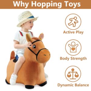 iPlay, iLearn Bouncy Pals Brown Hopping Horse, Toddler Plush Animal Hopper Toy, Kids Inflatable Ride on Bouncer W/Pump, Indoor Outdoor Jumper, Birthday Stocking Gift 18 24 Months 2 3 Year Old Boy Girl