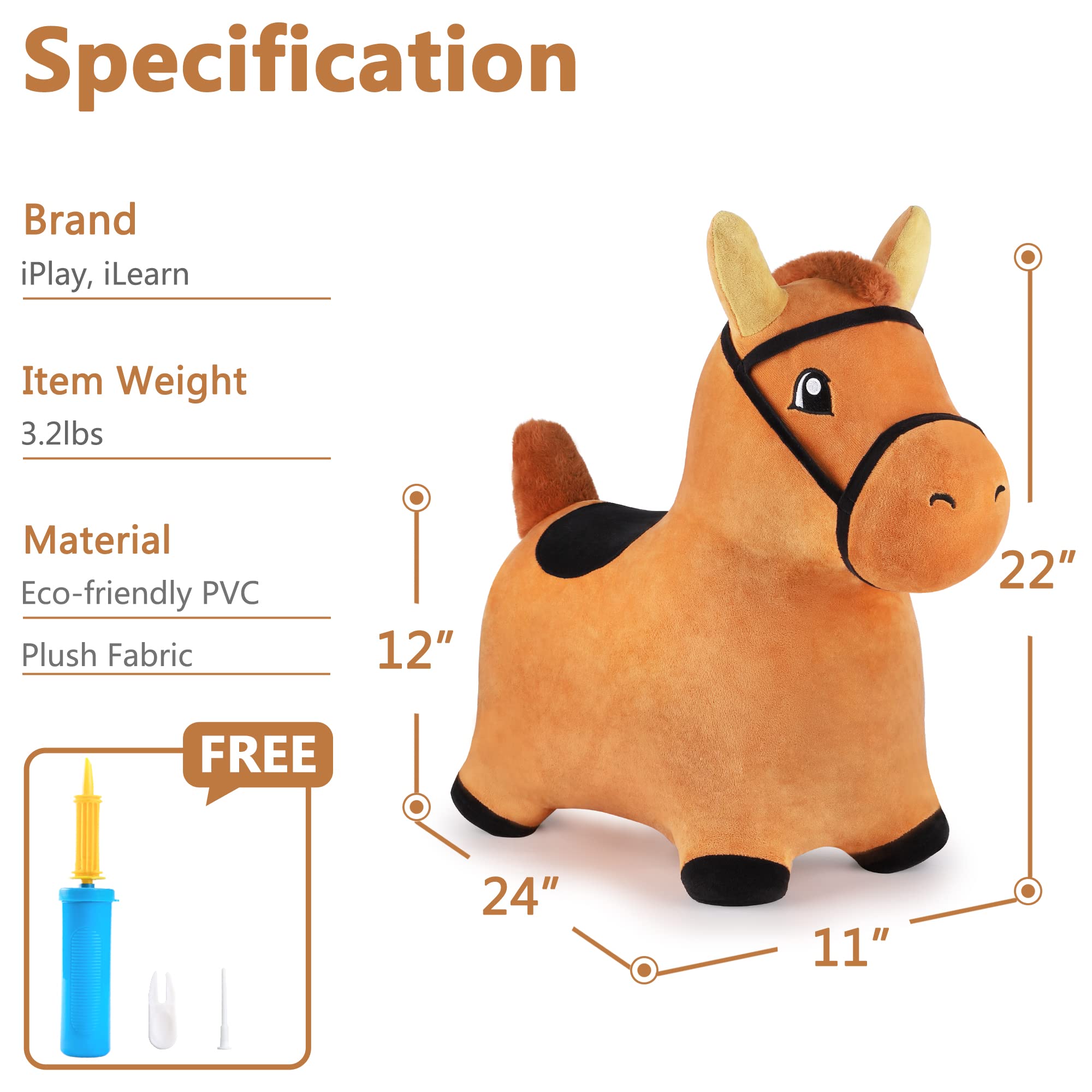 iPlay, iLearn Bouncy Pals Brown Hopping Horse, Toddler Plush Animal Hopper Toy, Kids Inflatable Ride on Bouncer W/Pump, Indoor Outdoor Jumper, Birthday Stocking Gift 18 24 Months 2 3 Year Old Boy Girl